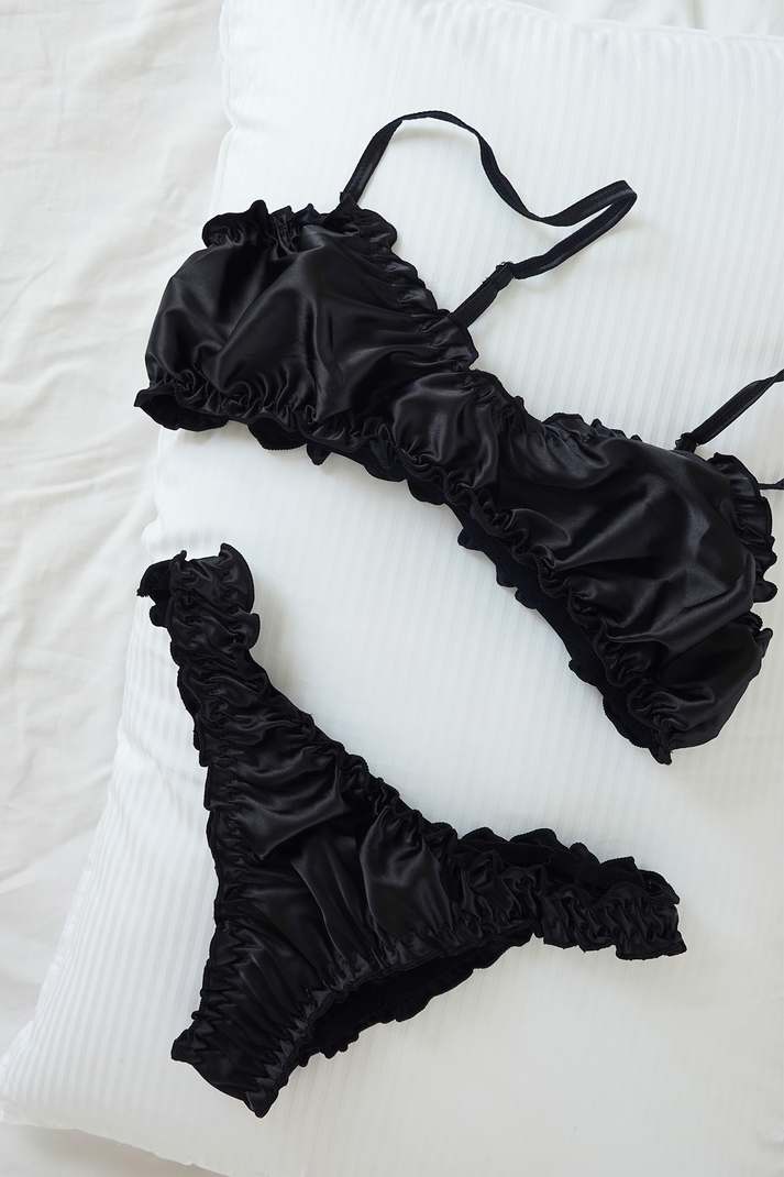 Silk Ruffled Bralette Set | Black Ruffle Underwear & Bralette – Moxy